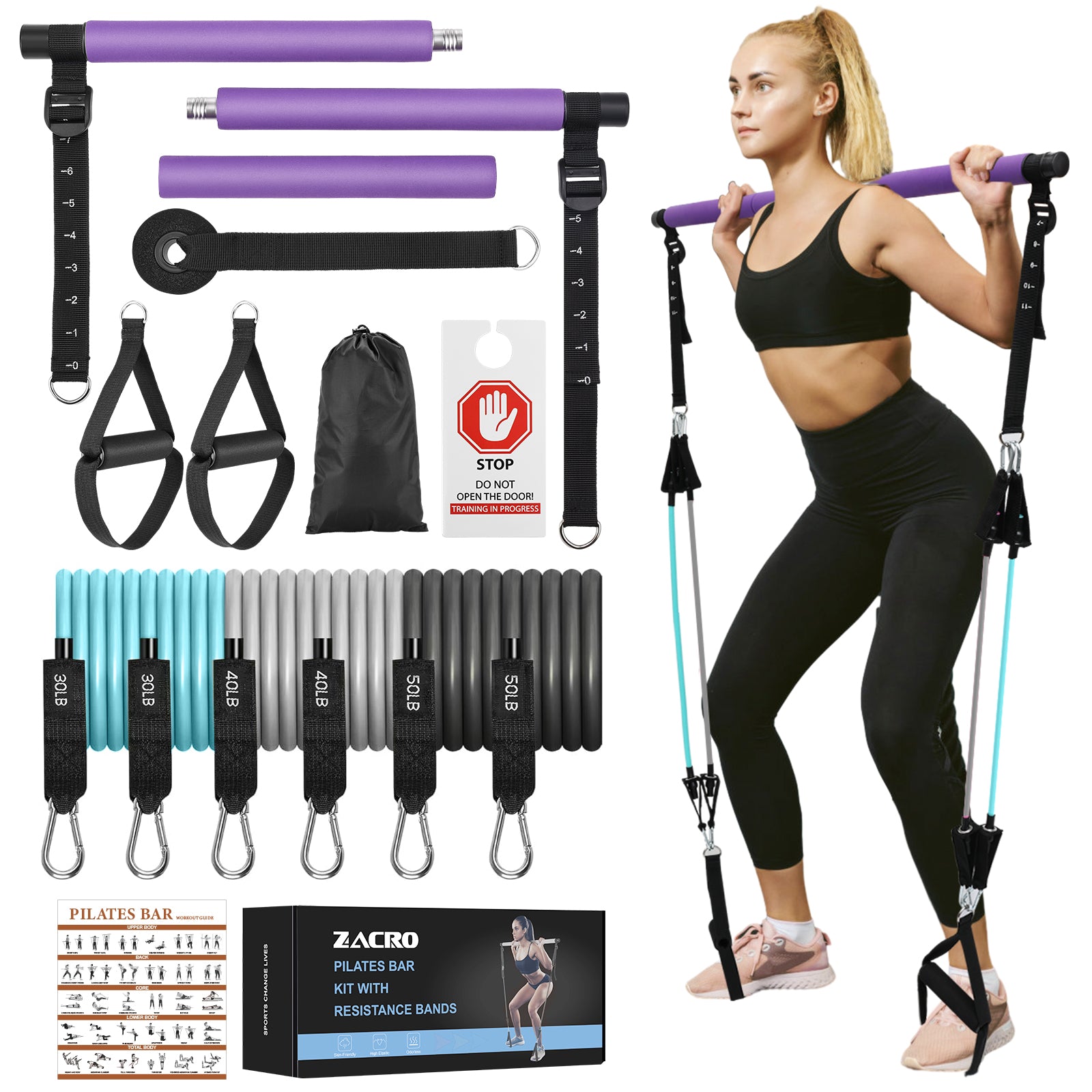 Zacro Pilates Bar Kit with Resistance Bands, 3-Section Pilates Bar wit ...